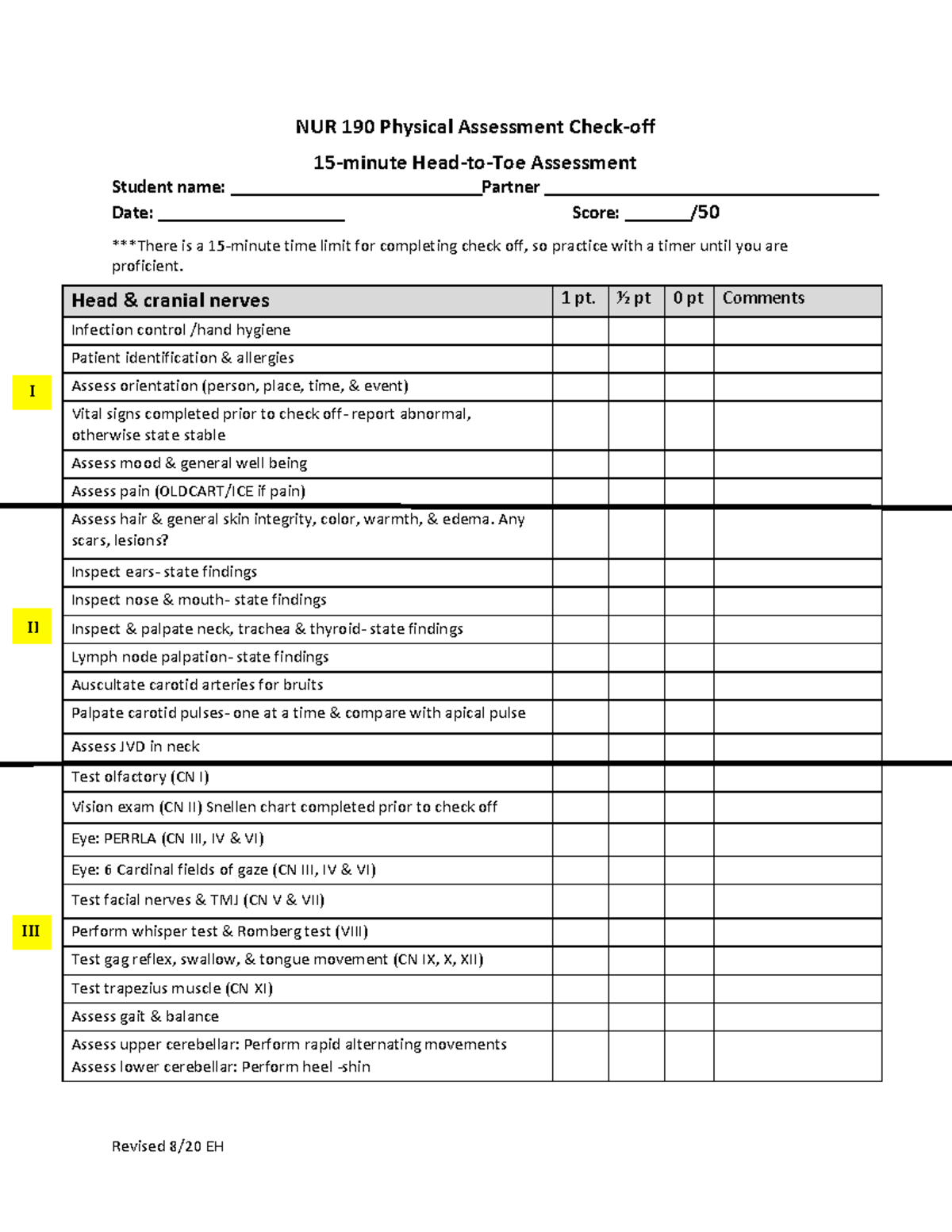 Week #1 Head to Toe Check off List Spring I 2022 - Revised 8/20 EH NUR ...