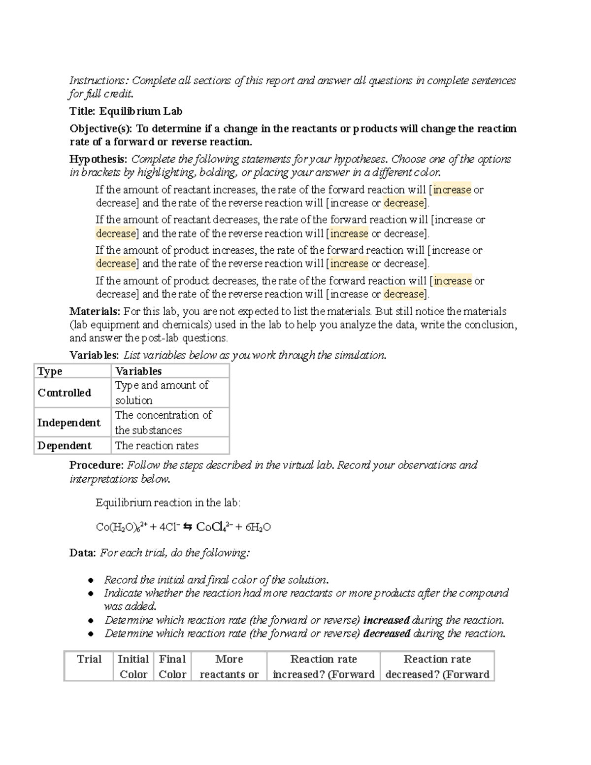 7.05 Equilibrium Lab - 7.05 Equillibrium Lab- Variables, Trials, and ...