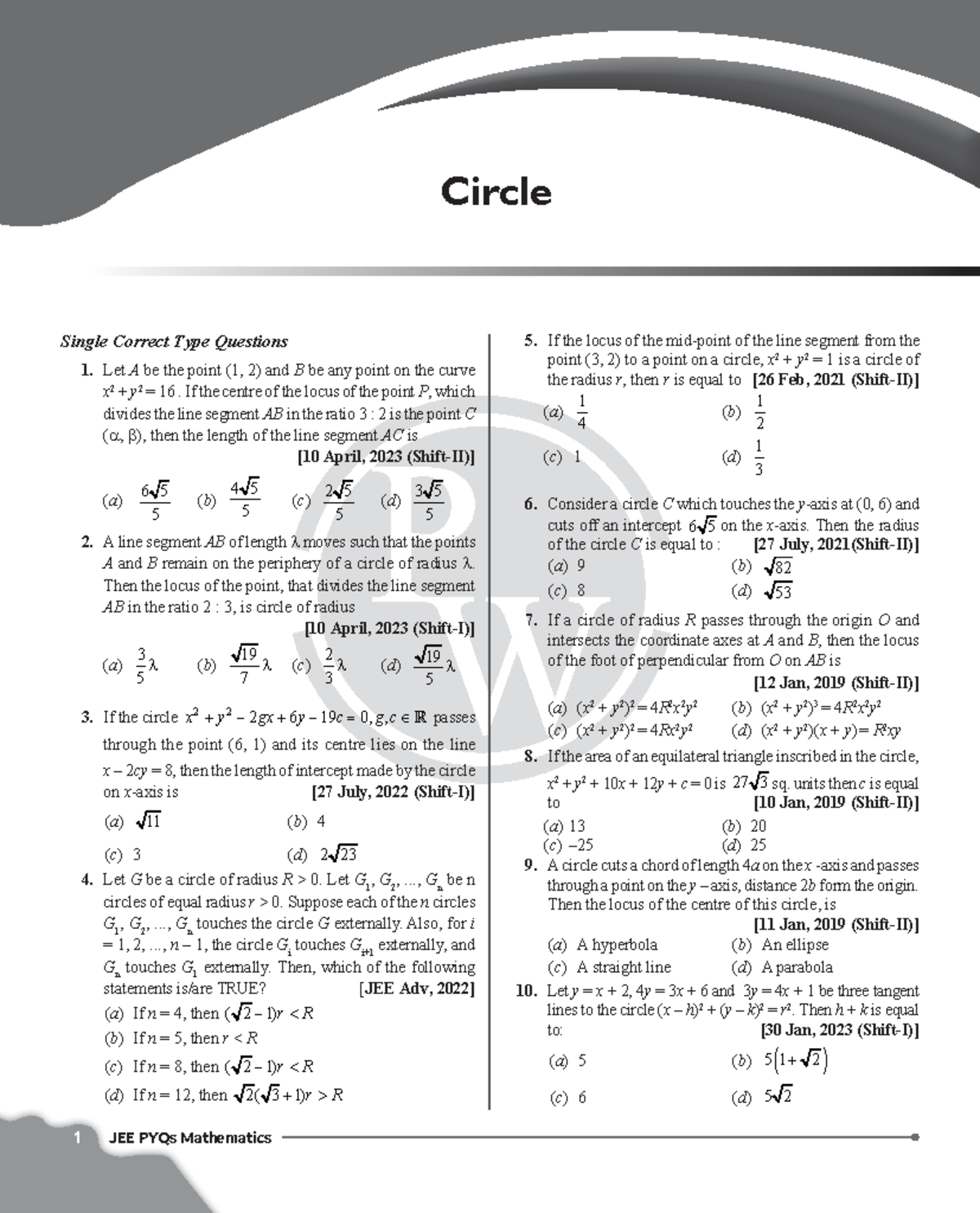 Circle PYQ Practice Sheet - Single Correct Type Questions Let A be the ...
