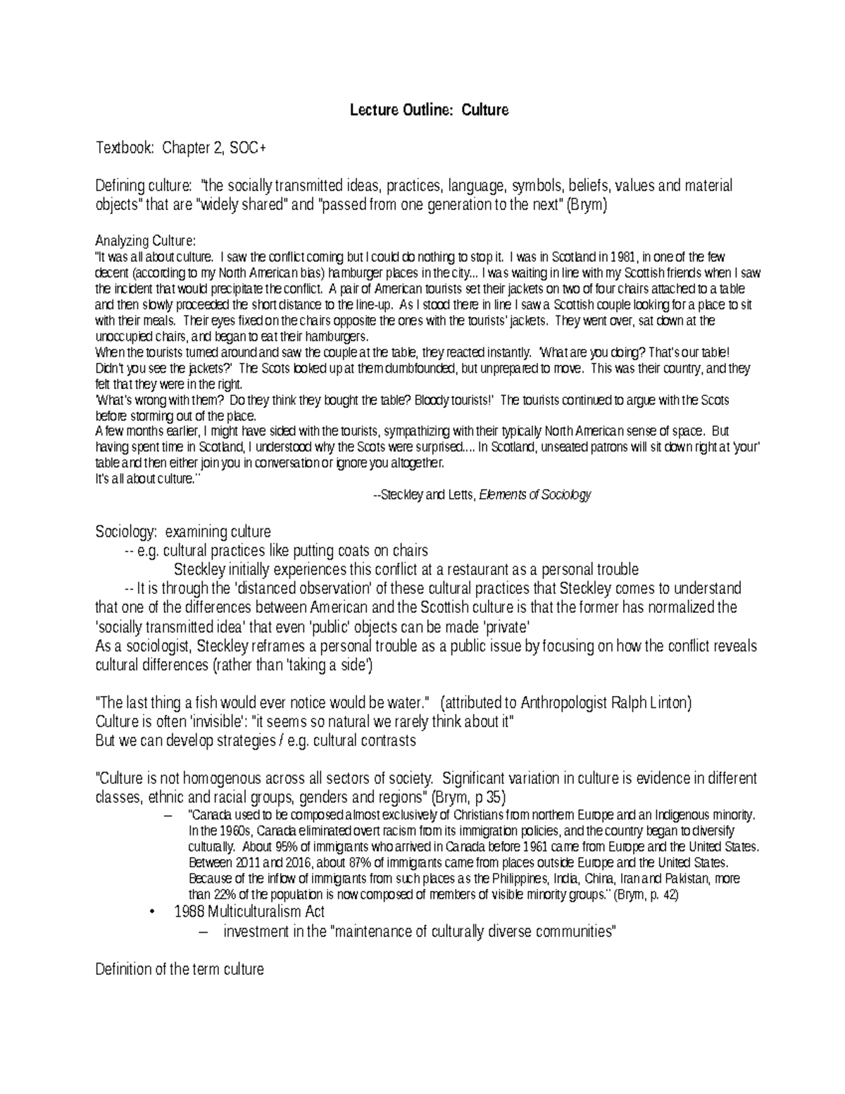 Fall 2024 Ch 2 Culture - Chapter 2 - Lecture Outline: Culture Textbook ...