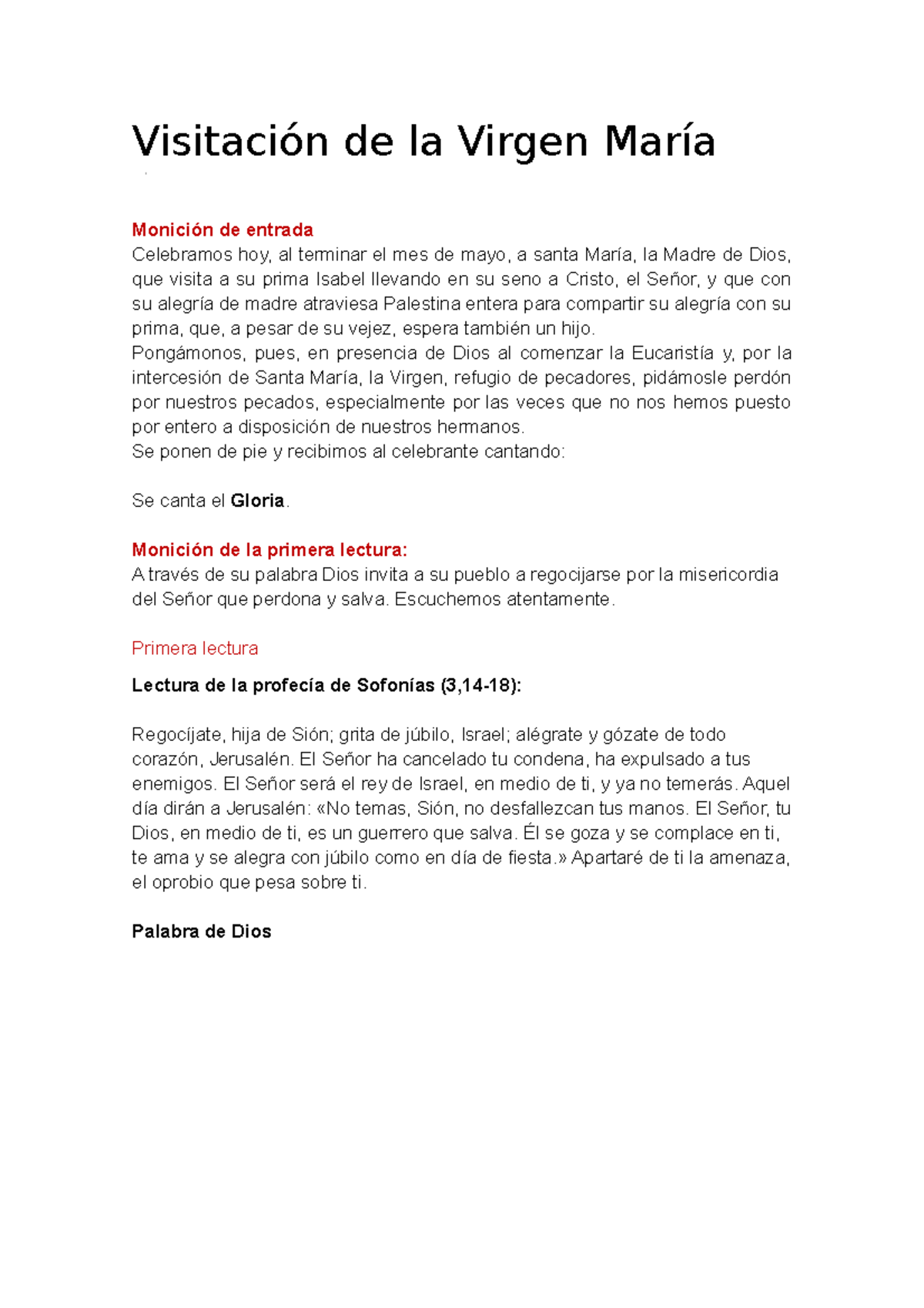 Moniciones DE LA Visitación - Visitación de la Virgen María Monición de ...