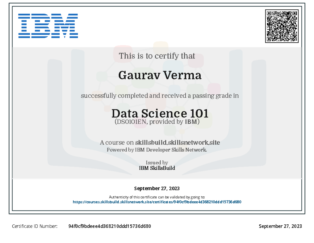 IBM DS0101EN Certificate IBM Skills Build - Certificate ID Number ...