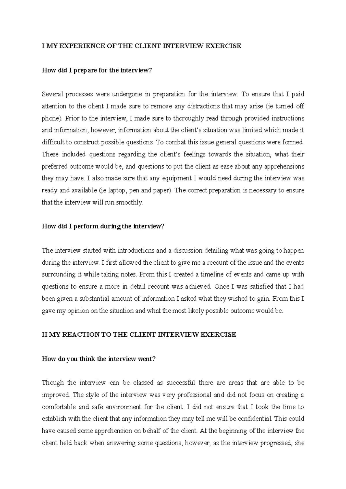 LA1107 - Written Reflection - I MY EXPERIENCE OF THE CLIENT INTERVIEW ...