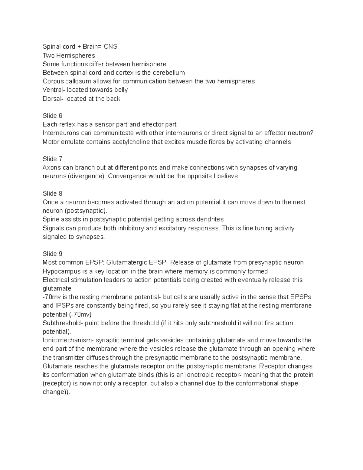 Physio CNS notes - Spinal cord + Brain= CNS Two Hemispheres Some ...