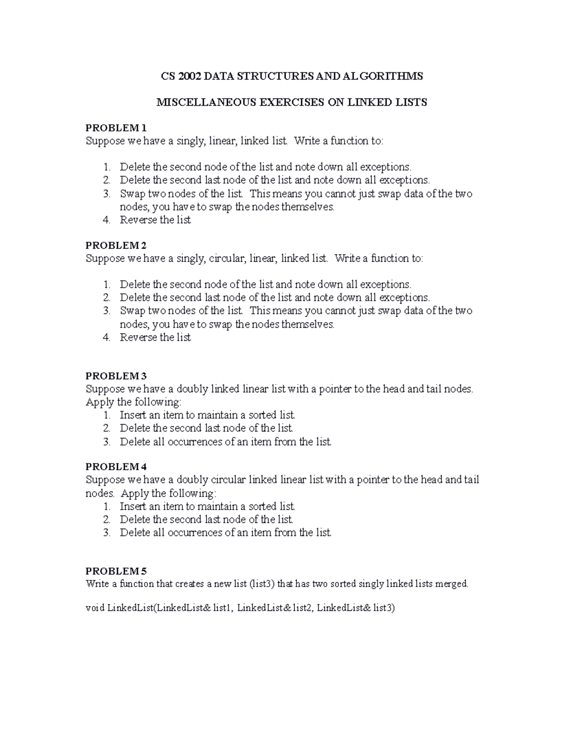 Practice Exercises For Linked Lists Cs 2002 Data Structures And Algorithms Miscellaneous