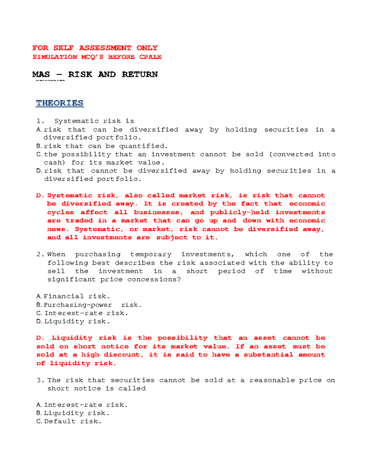 @MAS- Simulation EXAM ( Corrected) WITH Solman - FOR SELF ASSESSMENT ONLY SIMULATION MCQ’S ...