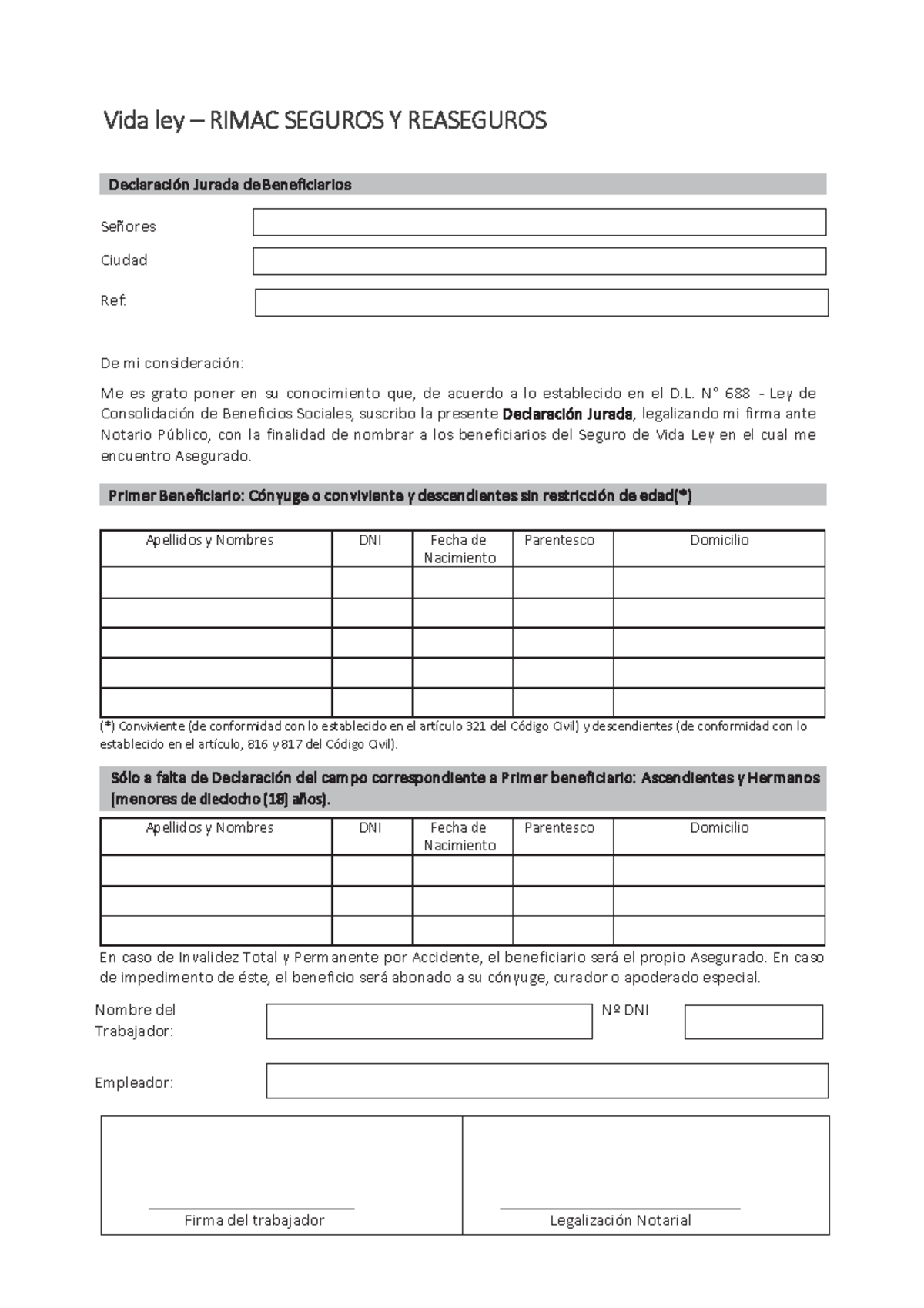 4. Formato Beneficiarios Seguro Vida Ley - Vida ley – RIMAC SEGUROS Y REASEGUROS Declaración ...
