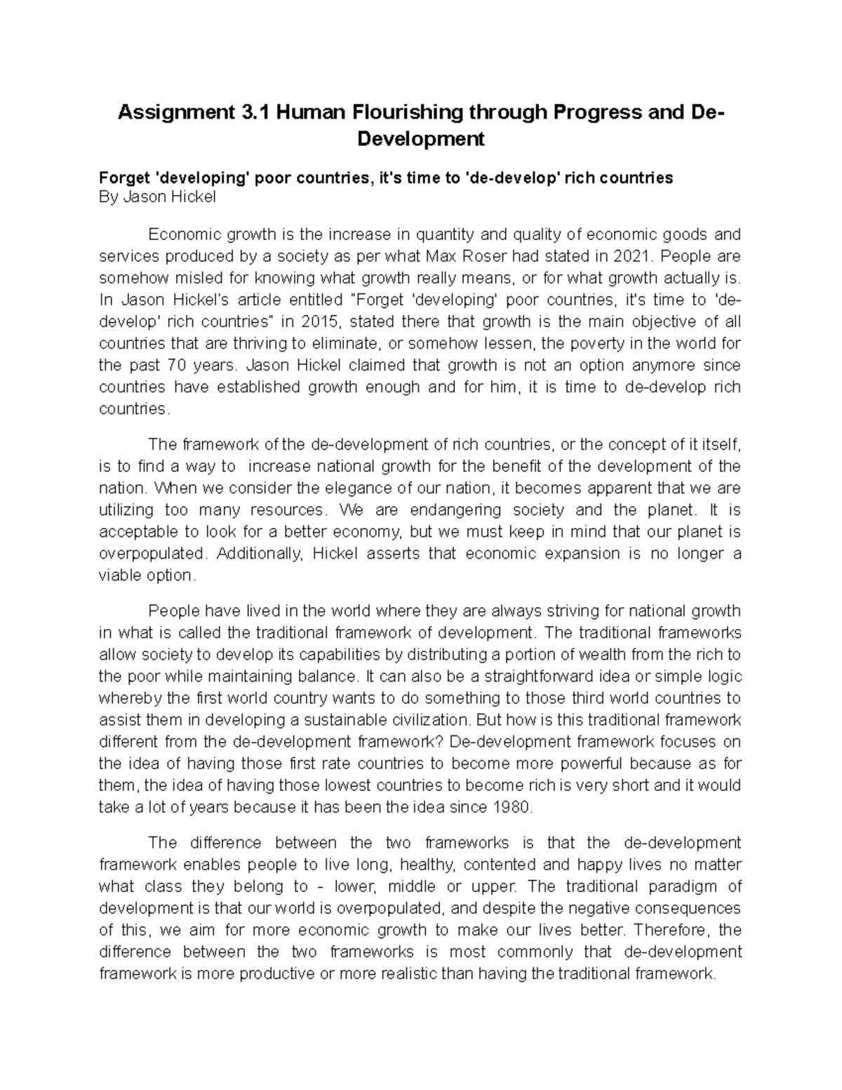 Assignment 3.1 Human Flourishing through Progress and De-Development ...