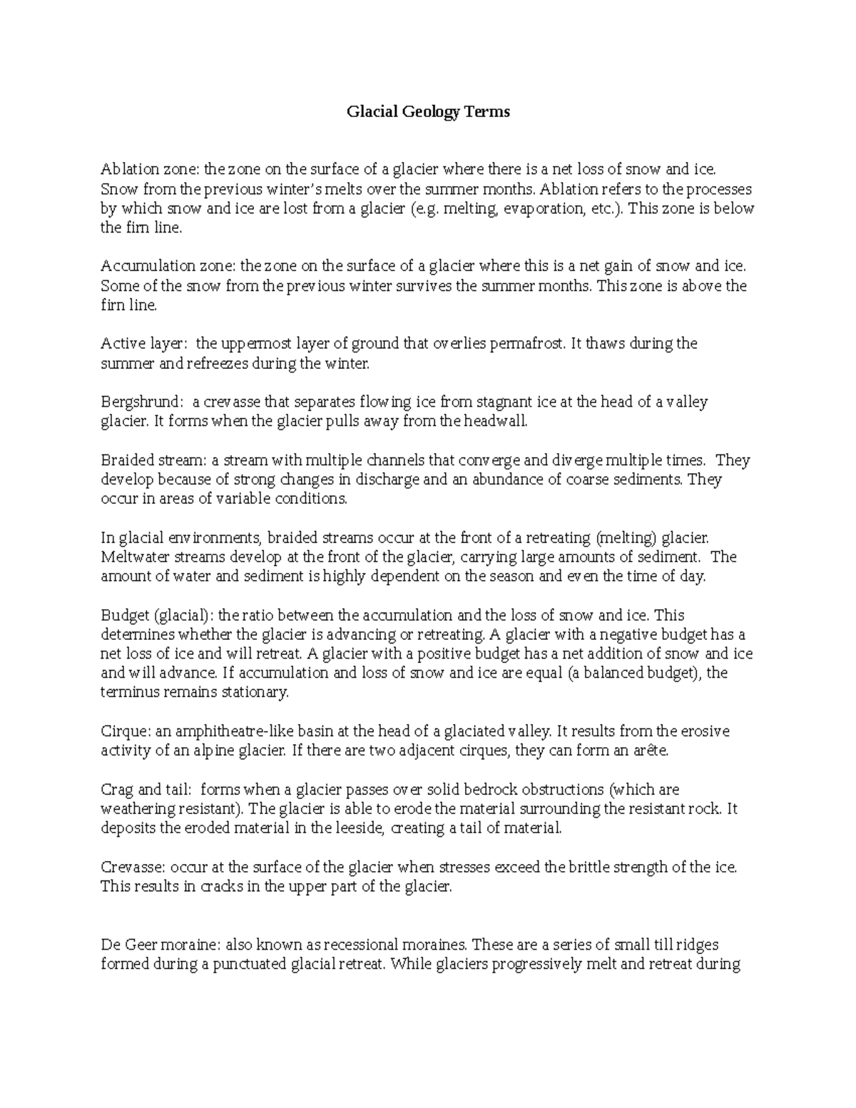 Geology terms - Notes for geog 1220 - Glacial Geology Terms Ablation ...