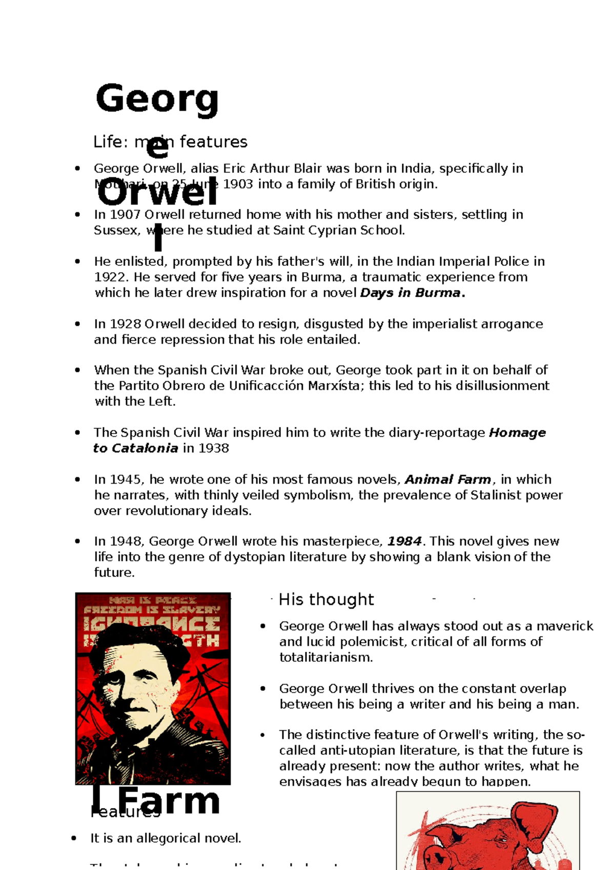George Orwell and Animal Farm - Georg e Orwel l Life: main features ...
