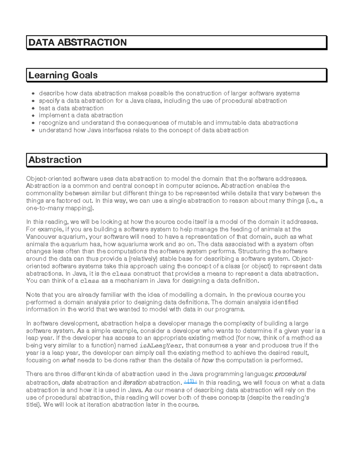 CPSC 210 - Data Abstraction - DATA ABSTRACTION Learning Goals describe ...