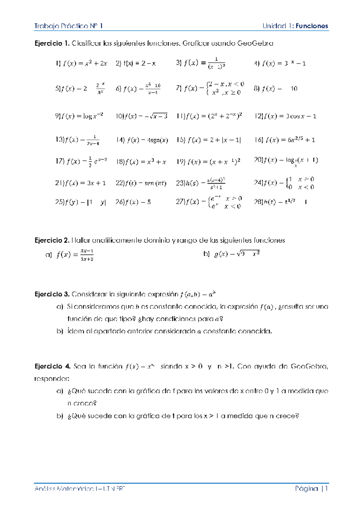 TP1 Funciones 2023 PDF - Trabajo Práctico 1 Unidad 1: Funciones Ejercicio 1. Clasificar las ...