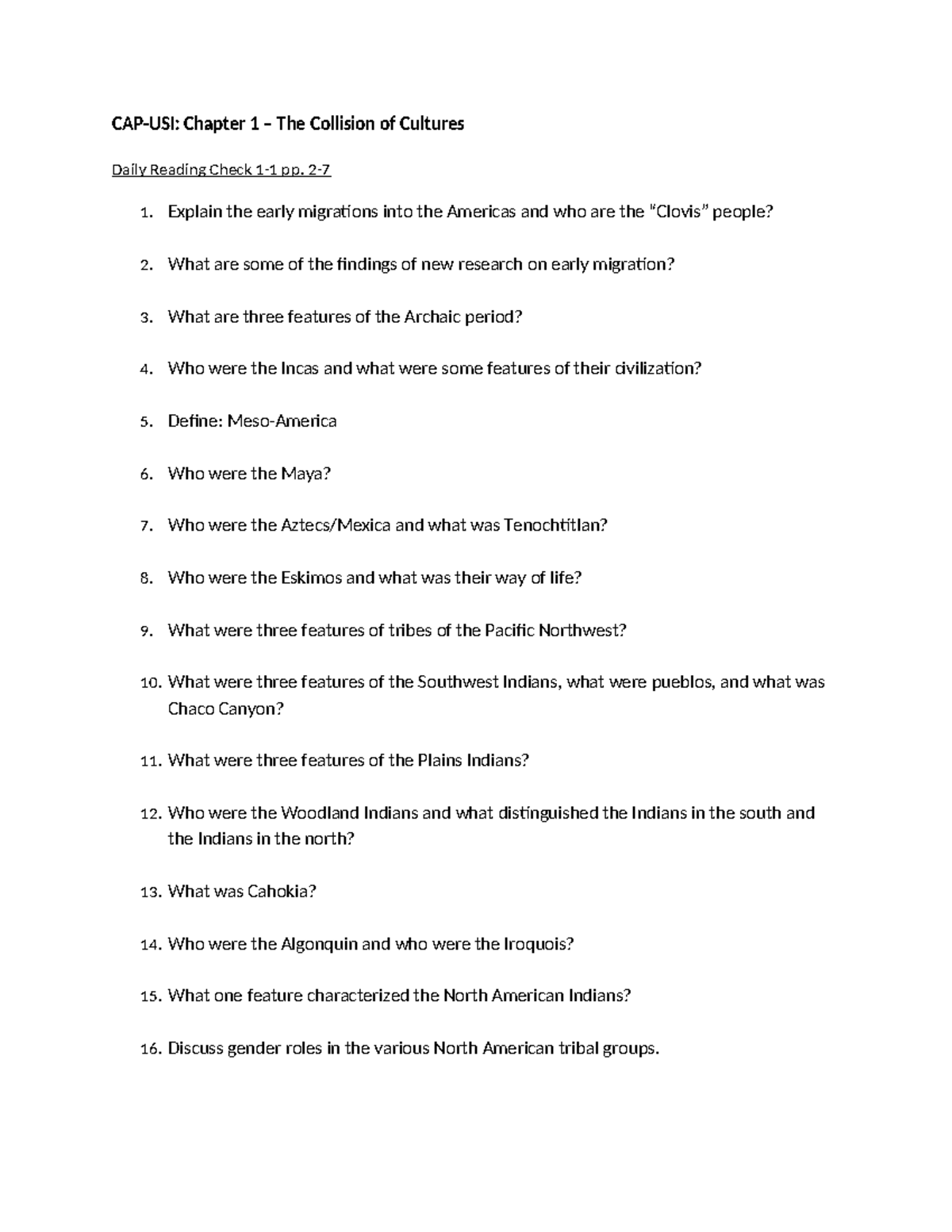 Reading Check 1-1 pp. 2-7 - CAP-USI: Chapter 1 – The Collision of ...