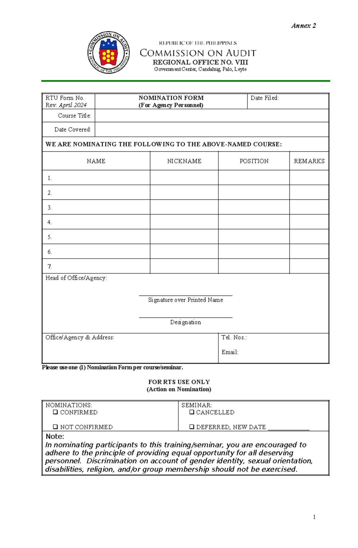 Annex 2 Agency-Nomination-Form-RO8 2024 - Annex 2 REGIONAL OFFICE NO ...