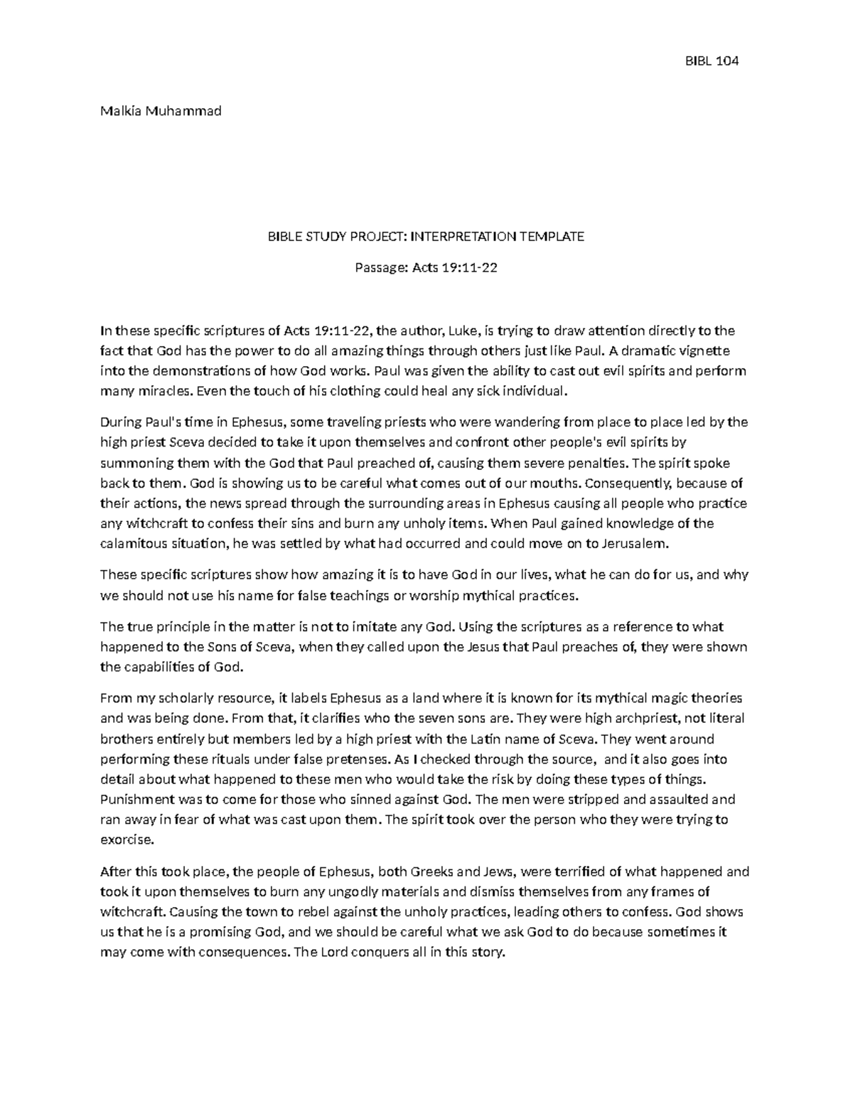 Bible Interpretation - BIBL 104 Malkia Muhammad BIBLE STUDY PROJECT ...