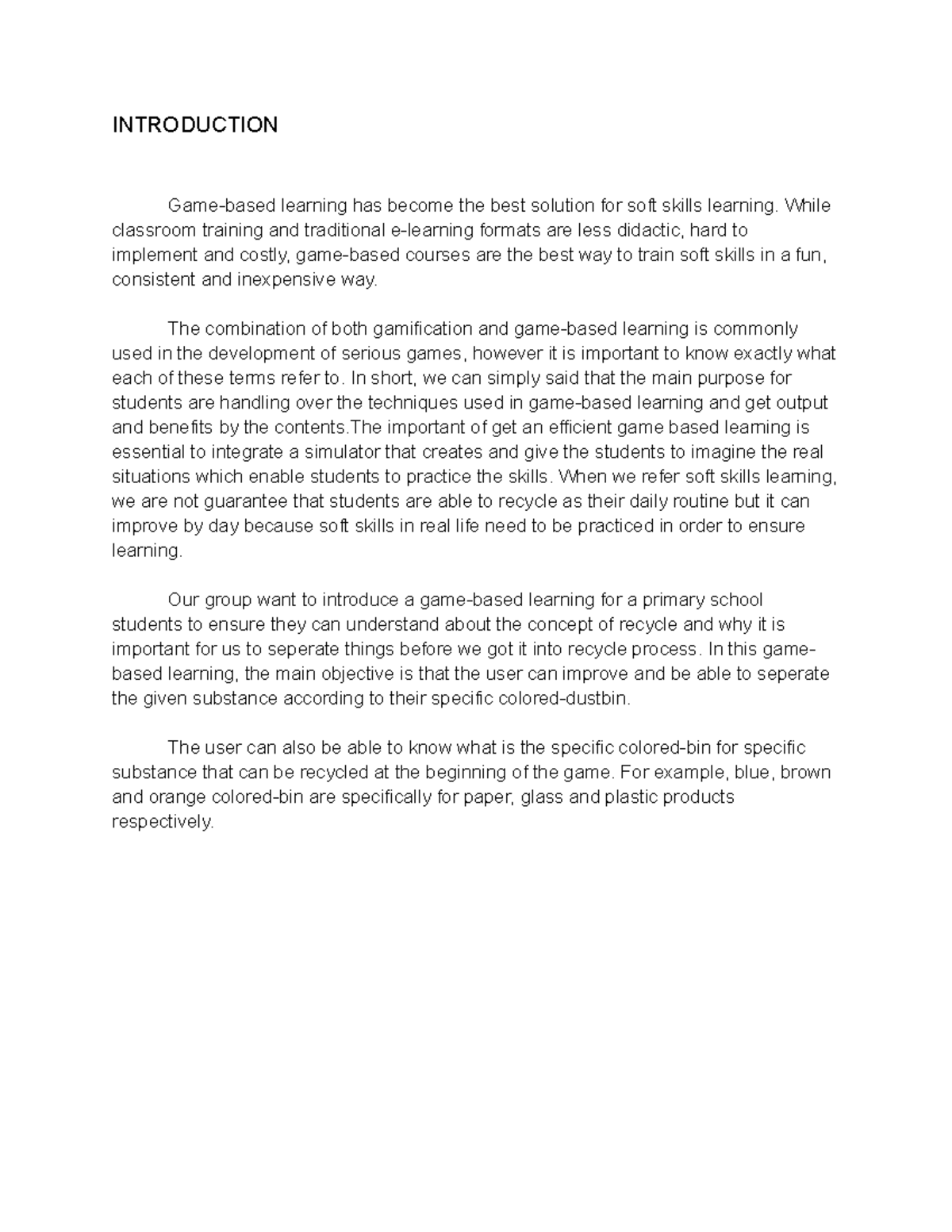 CSC recycle - Report - INTRODUCTION Game-based learning has become the ...