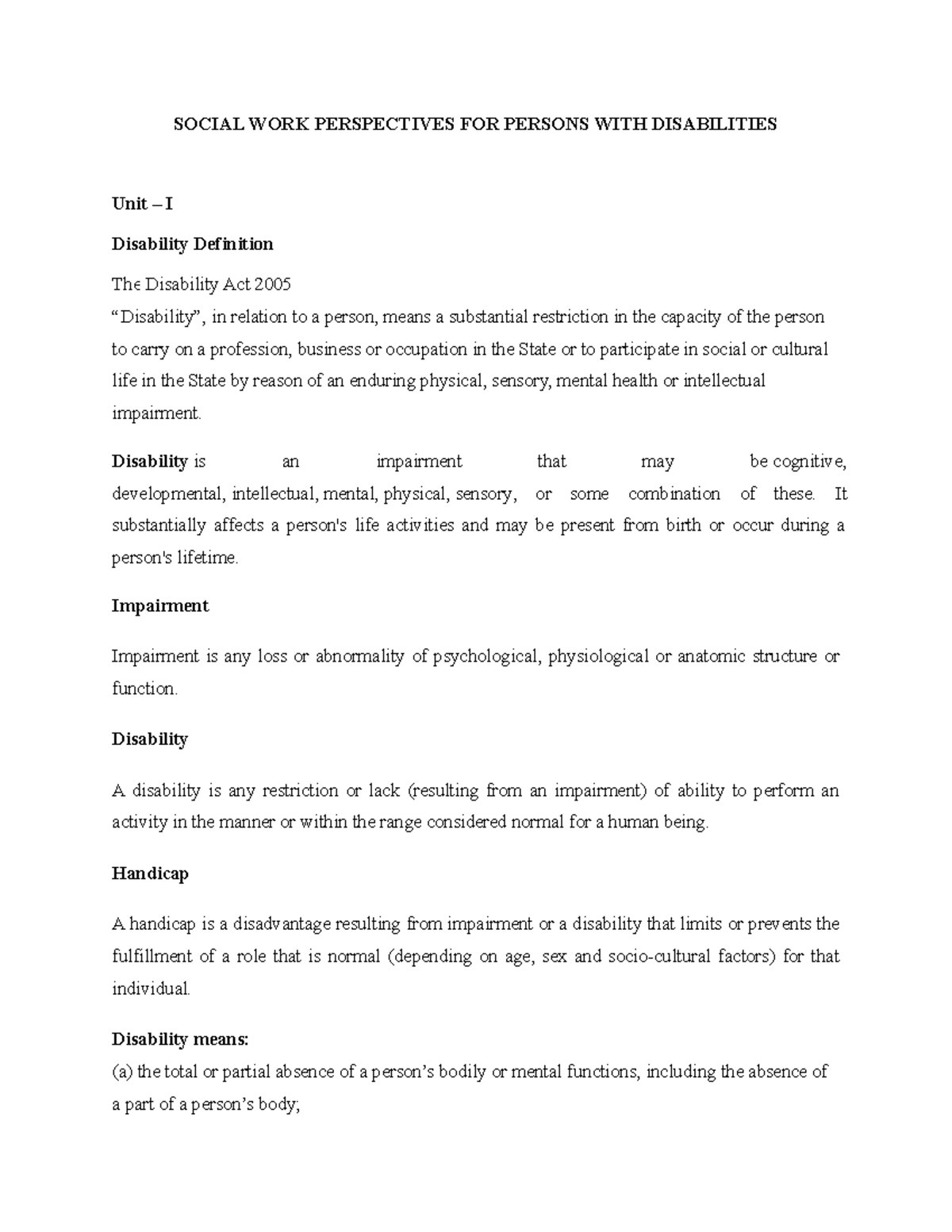 Social WORK Perspectives FOR Persons WITH Disabilities - SOCIAL WORK ...