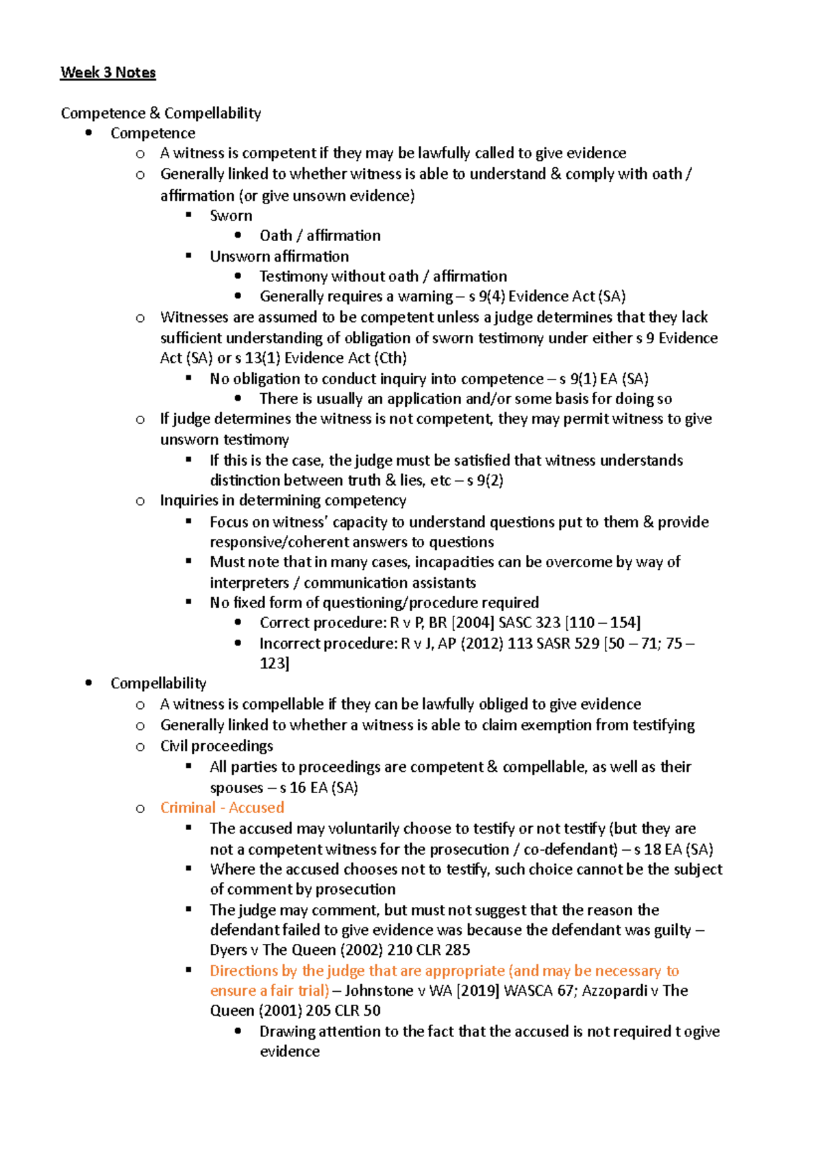 Topic 3 - Lecture notes 3 - Week 3 Notes Competence & Compellability ...