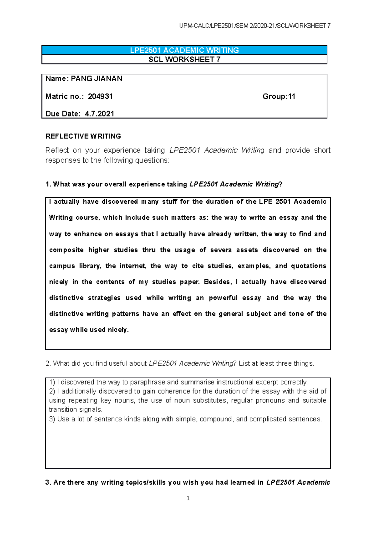 LPE2501 SCL Worksheet 7 (WEEK 14) - UPM-CALC/LPE2501/SEM 2/2020-21/SCL ...