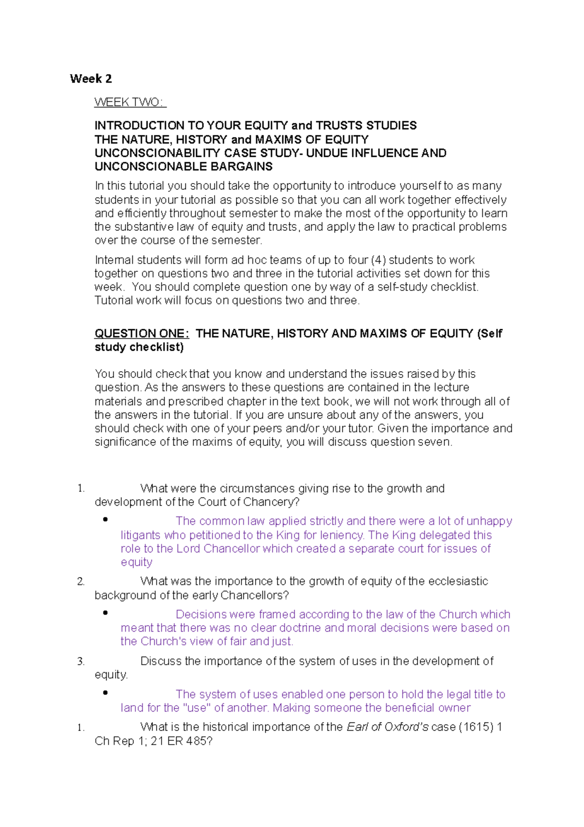 Tutorial Questions and Answers - Week 2 WEEK TWO: INTRODUCTION TO YOUR ...