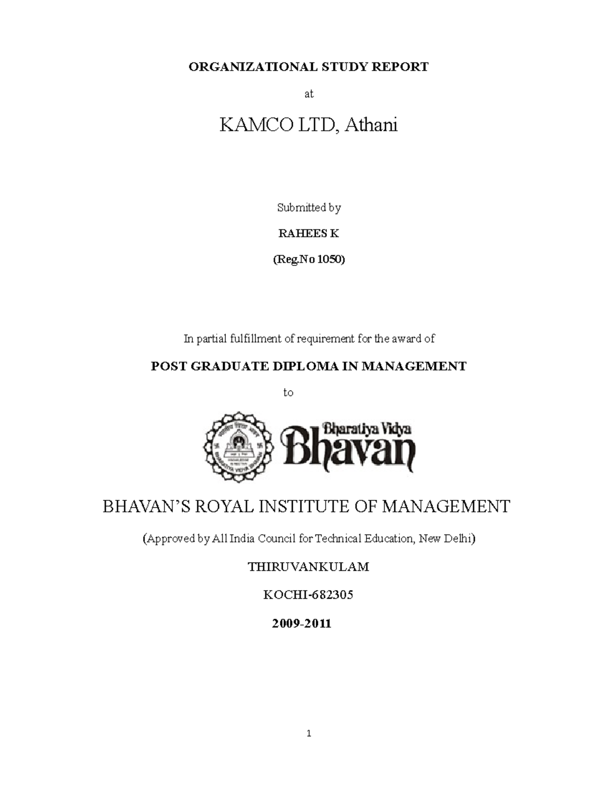 Organizational Study at Kamco - ORGANIZATIONAL STUDY REPORT at KAMCO ...