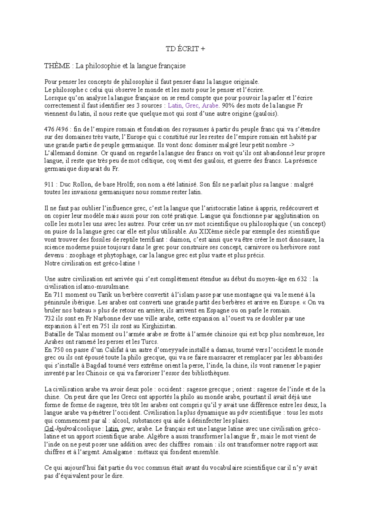 TD 1 ÉCRIT+ - Cours 1 écrit + - TD ÉCRIT + THÈME : La philosophie et la ...