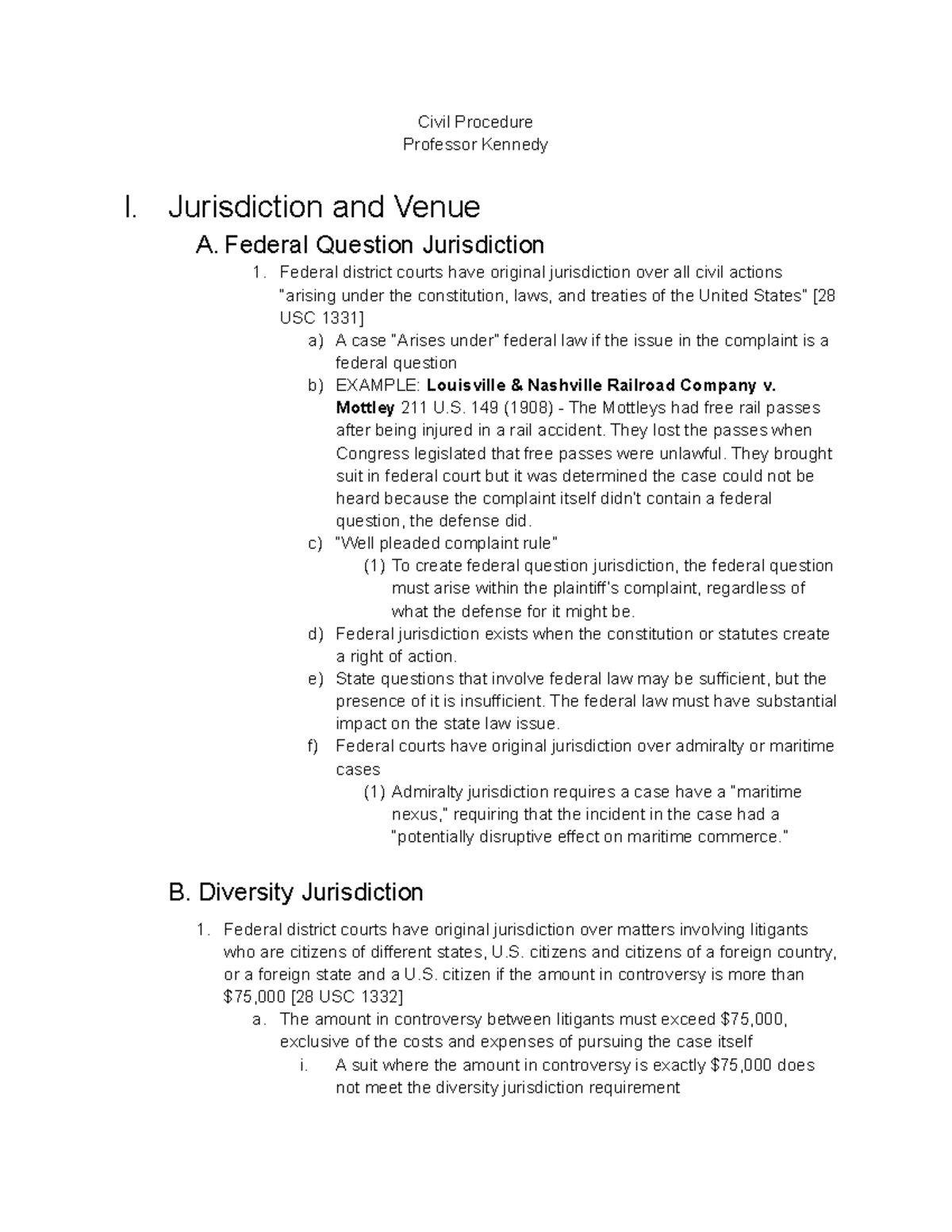 CIV PRO I Outline - Civil Procedure Professor Kennedy - Civil Procedure ...