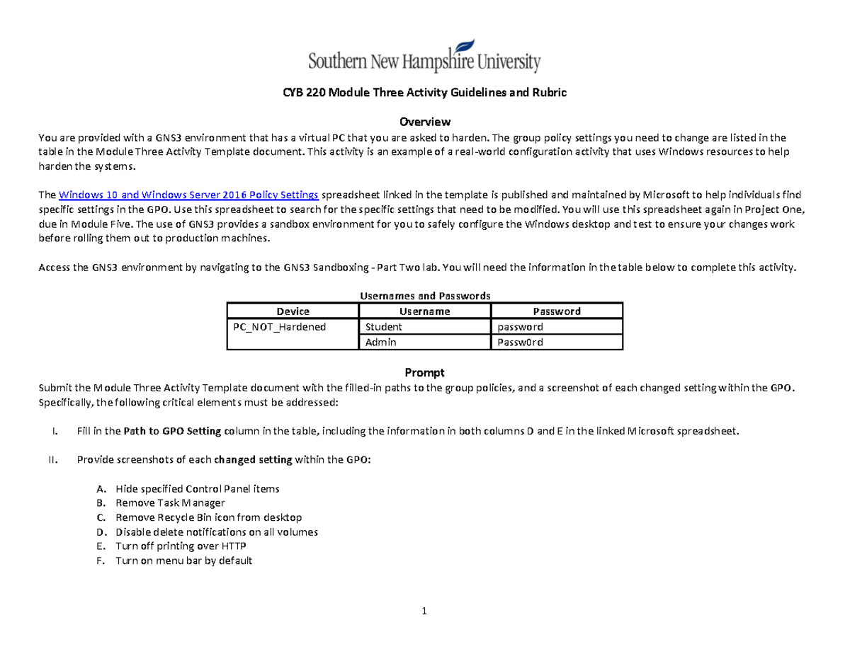 CYB 220 Module Three Activity Guidelines and Rubric - The group policy ...