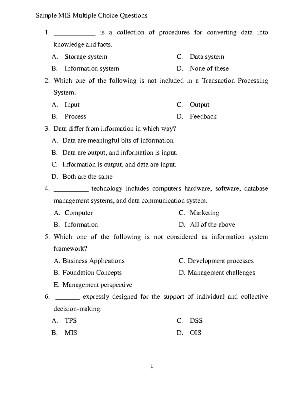 MIS Multiple Choice Questions - 1 Sample MIS Multiple Choice Questions ...