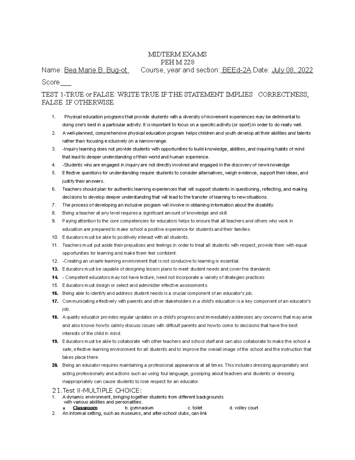 PEH M 228 final exams 3 - Activity in PE - MIDTERM EXAMS PEH M 228 Name ...