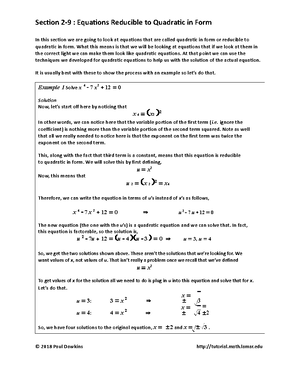 Summary quad eq - Section 2-7 : Quadratic Equations : A Summary In the ...