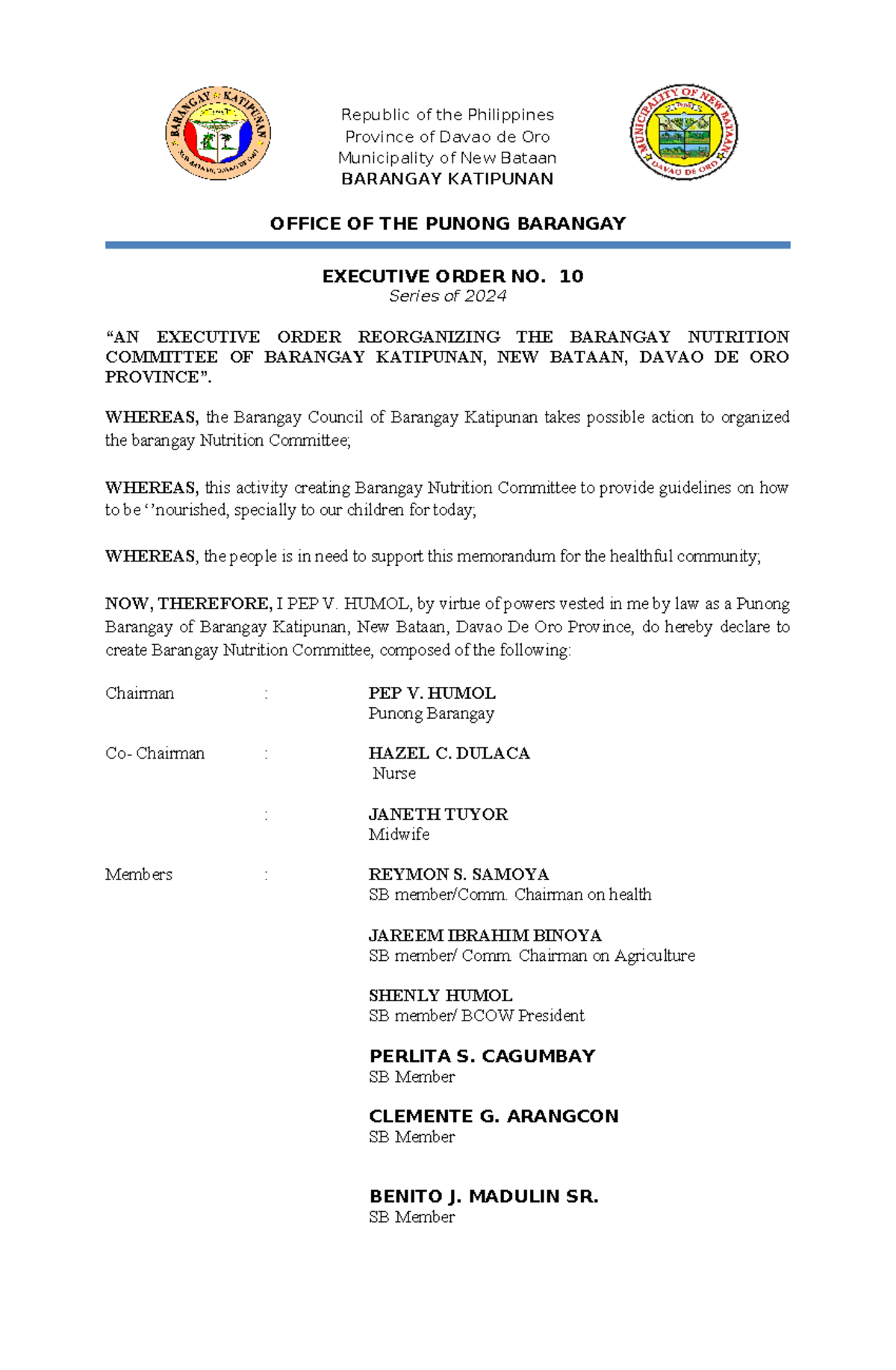EO 10 BNC 2023 - BNC EXEC ORDER - Republic of the Philippines Province of Davao de Oro ...