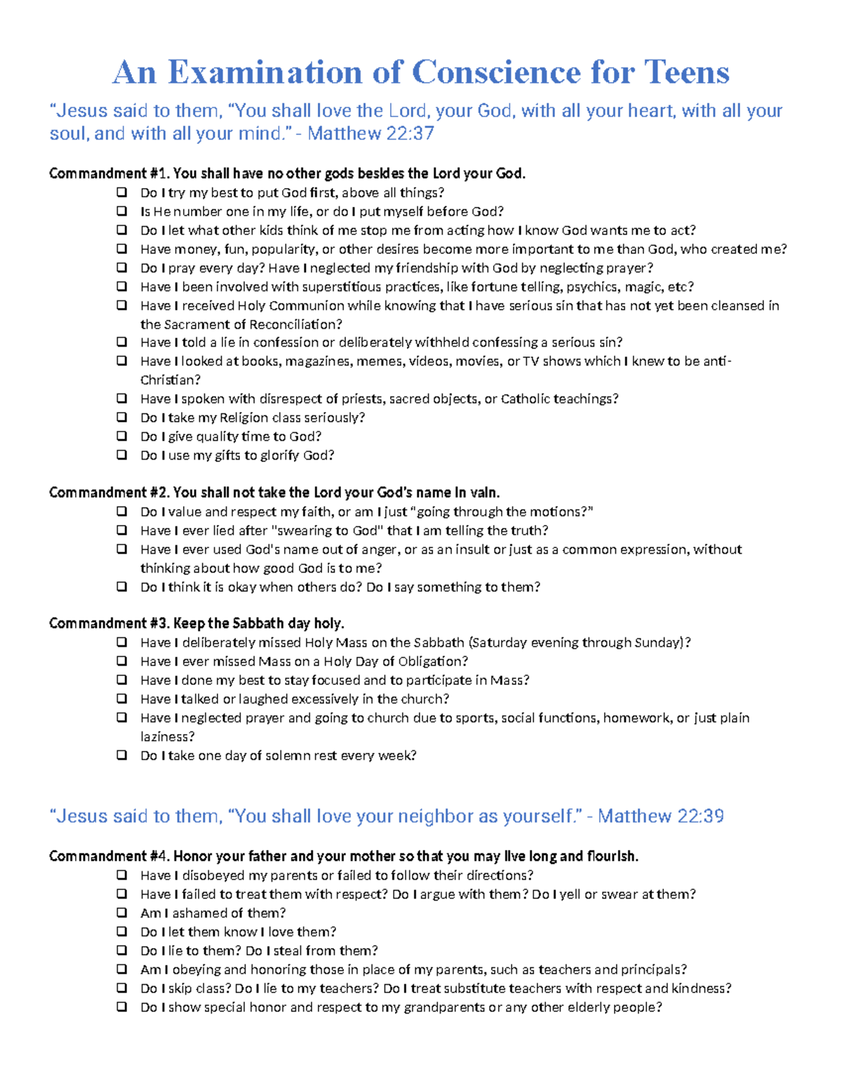 Examination of Conscience For Teens - An Examination of Conscience for ...