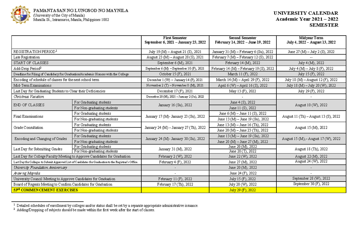 Annex-C - Calendar - PAMANTASAN NG LUNGSOD NG MAYNILA (University of ...