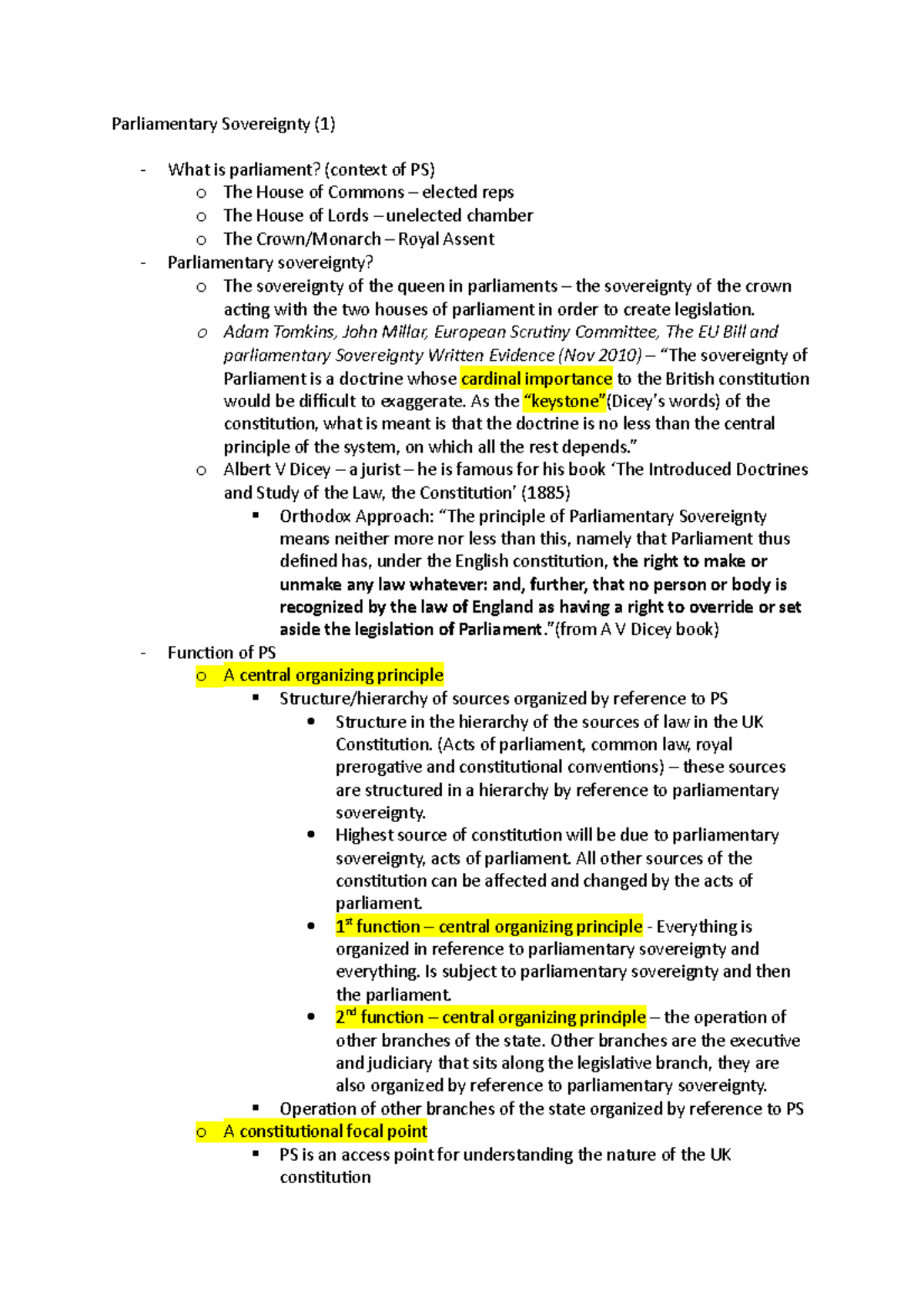 213x(4) Notes - Parliamentary Sovereignty (1) What is parliament ...
