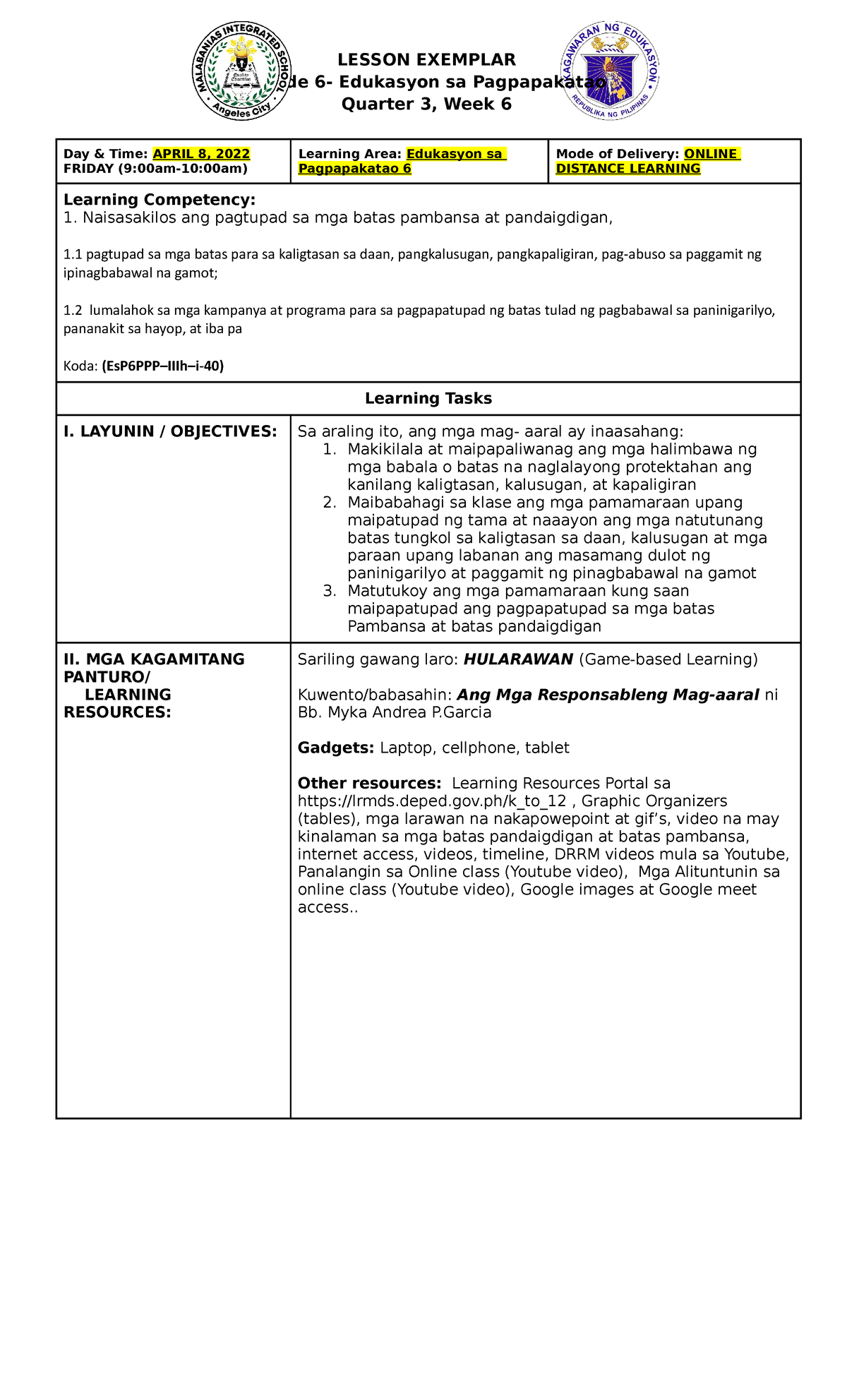 Lesson- Exemplar-Myka Garcia-ESP6Q3W6 - LESSON EXEMPLAR Grade 6 ...