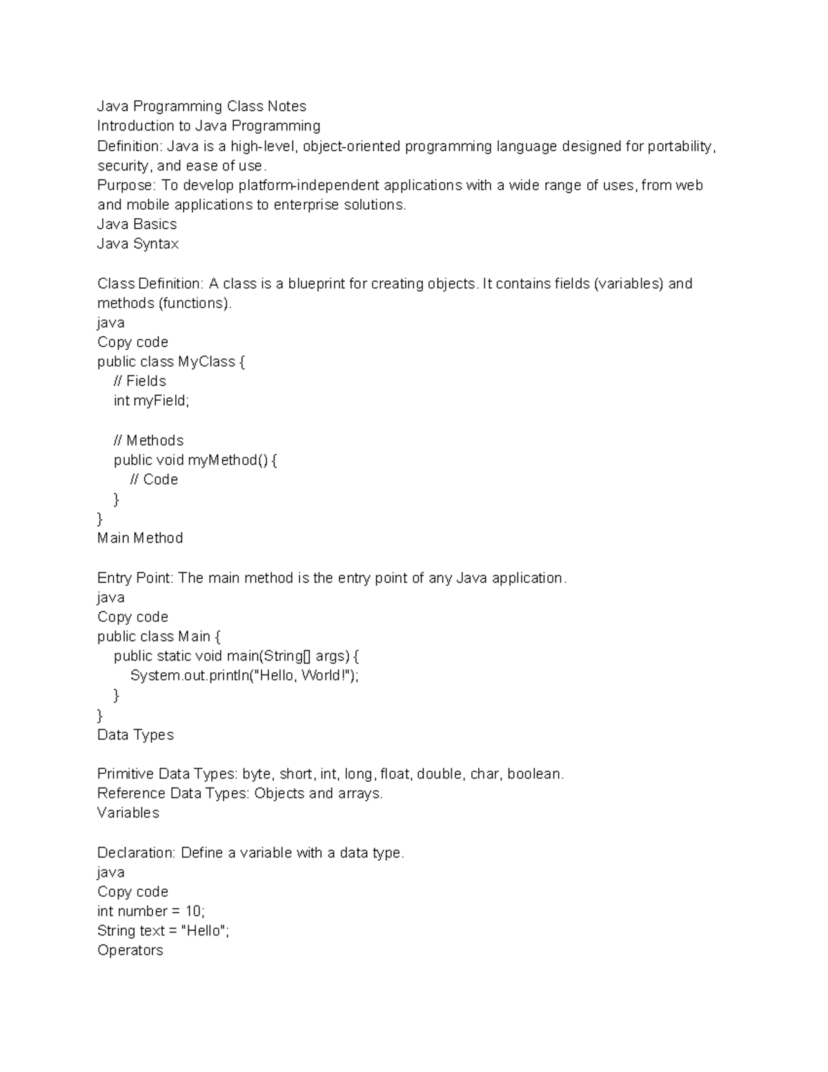 Java Programming Class Notes Java Programming Class Notes 9798