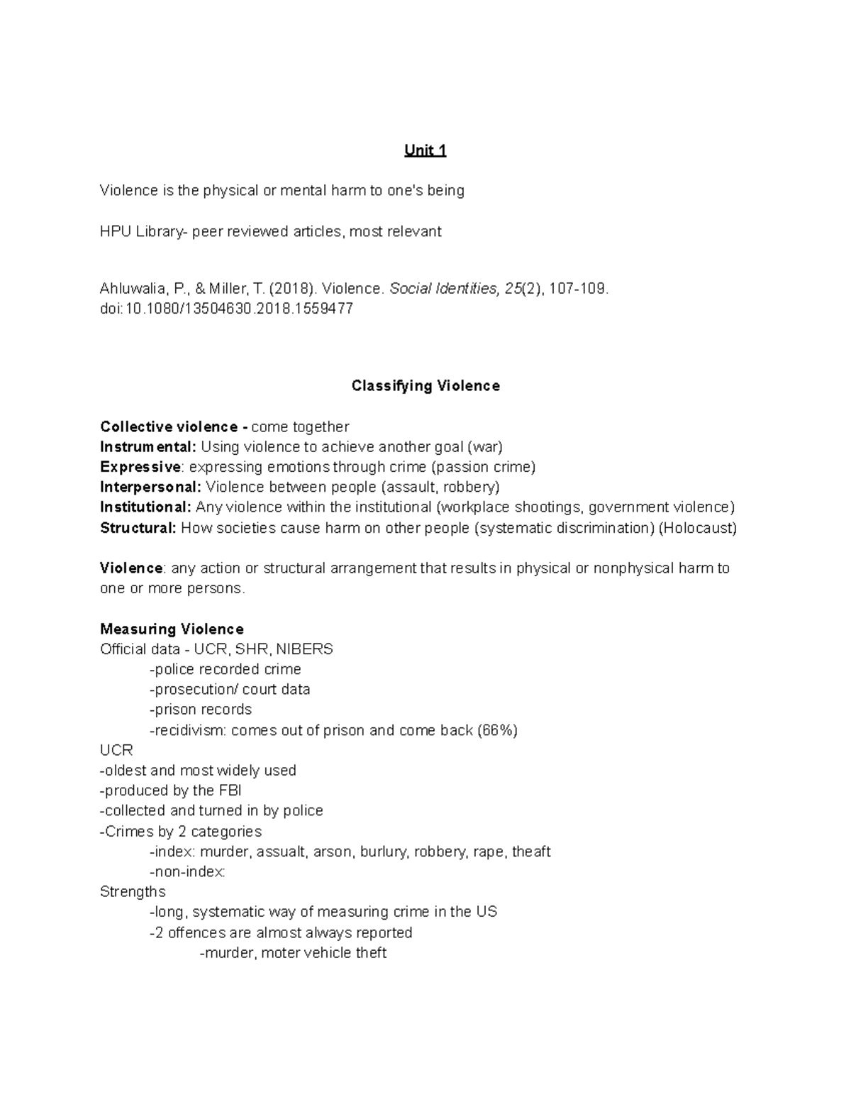 Violent Crime Notes - Unit 1 Violence is the physical or mental harm to ...