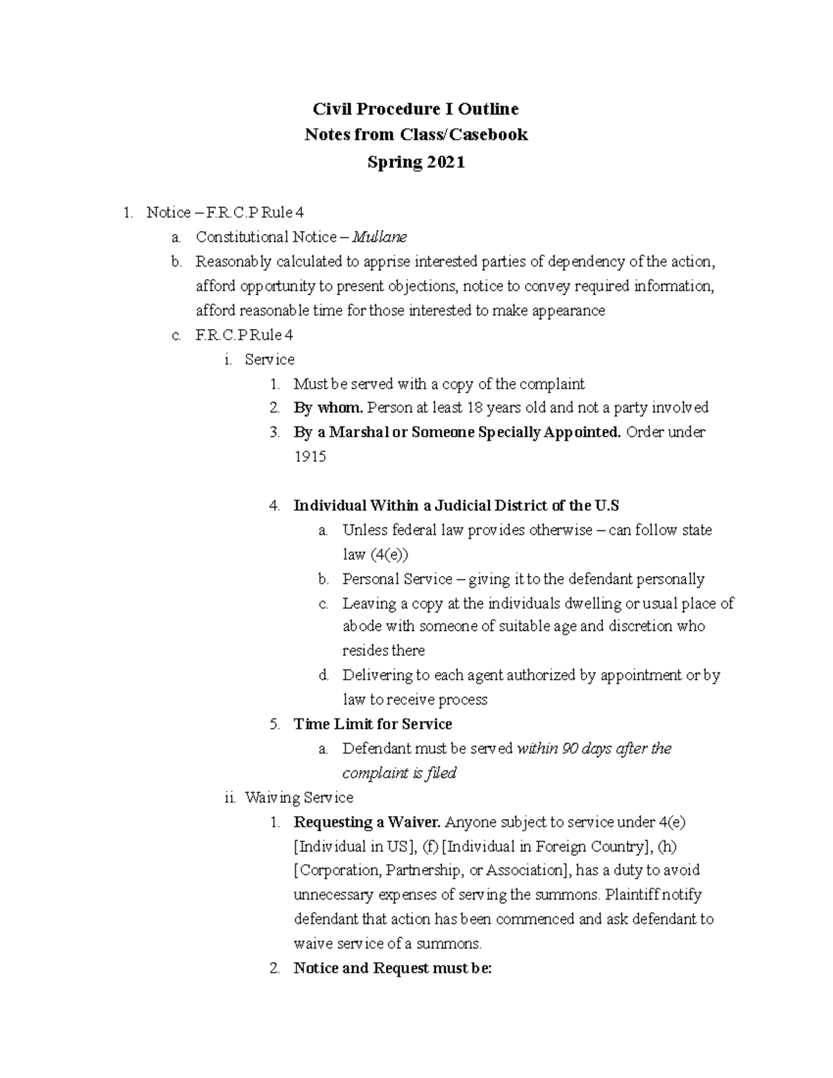 Notice – F.R.C.P Rule 4 - Lecture notes 7-8 - Civil Procedure I Outline ...