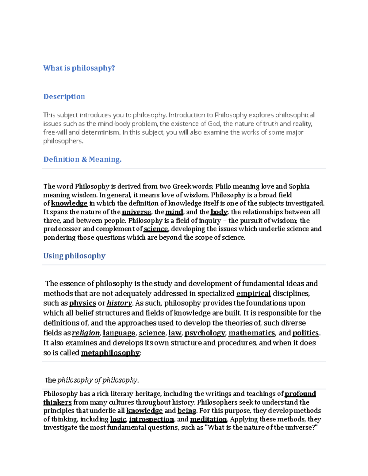 Philosophy - ntroduction to Philosophy What is philosaphy? Description ...