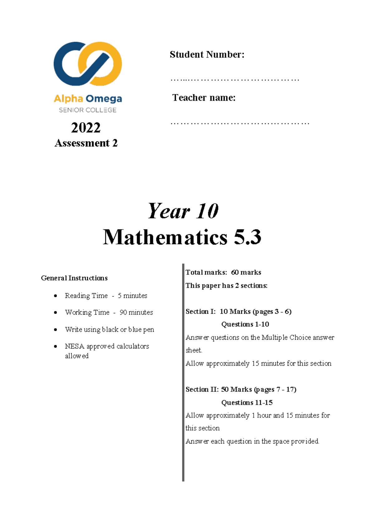 2022 Y10 AT2 Exam Solutions - General Instructions - Reading Time - 5 ...