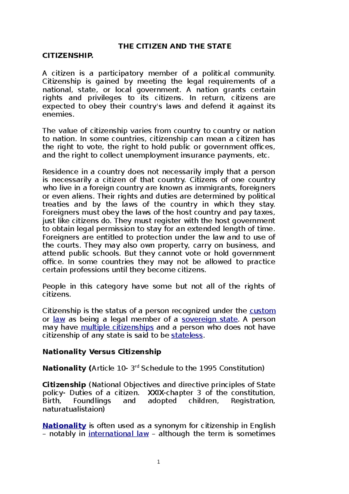 Citezenship AND LAND Notes - THE CITIZEN AND THE STATE CITIZENSHIP. A ...