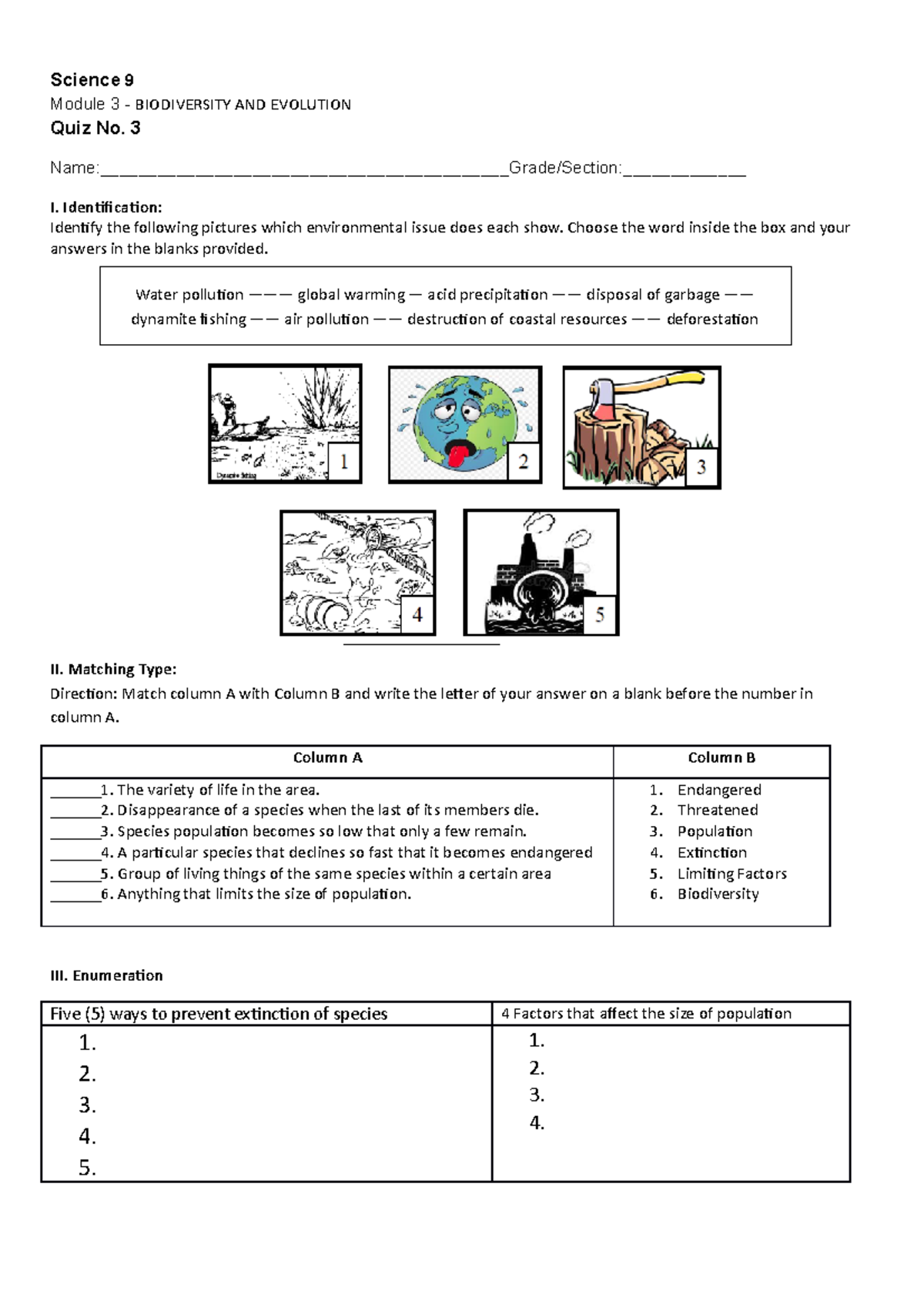 Science Week 5 Quiz - Quiz - Science 9 Module 3 - BIODIVERSITY AND ...