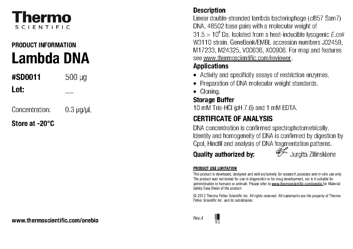 Lambda DNA UG - PRODUCT INFORMATION Lambda DNA #SD0011 500 μg Lot ...