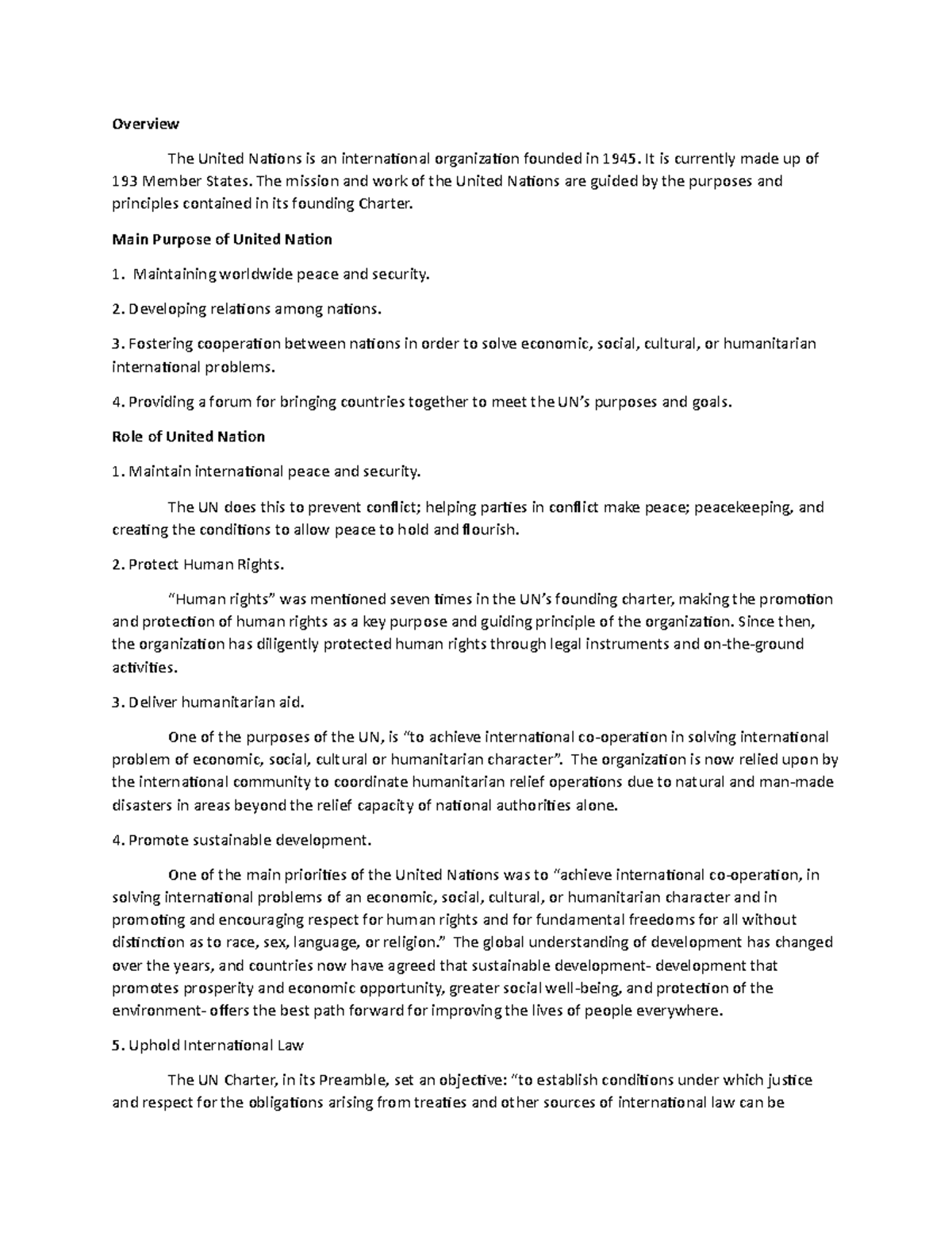UN roles - Lecture notes week 5 - Overview The United Nations is an ...