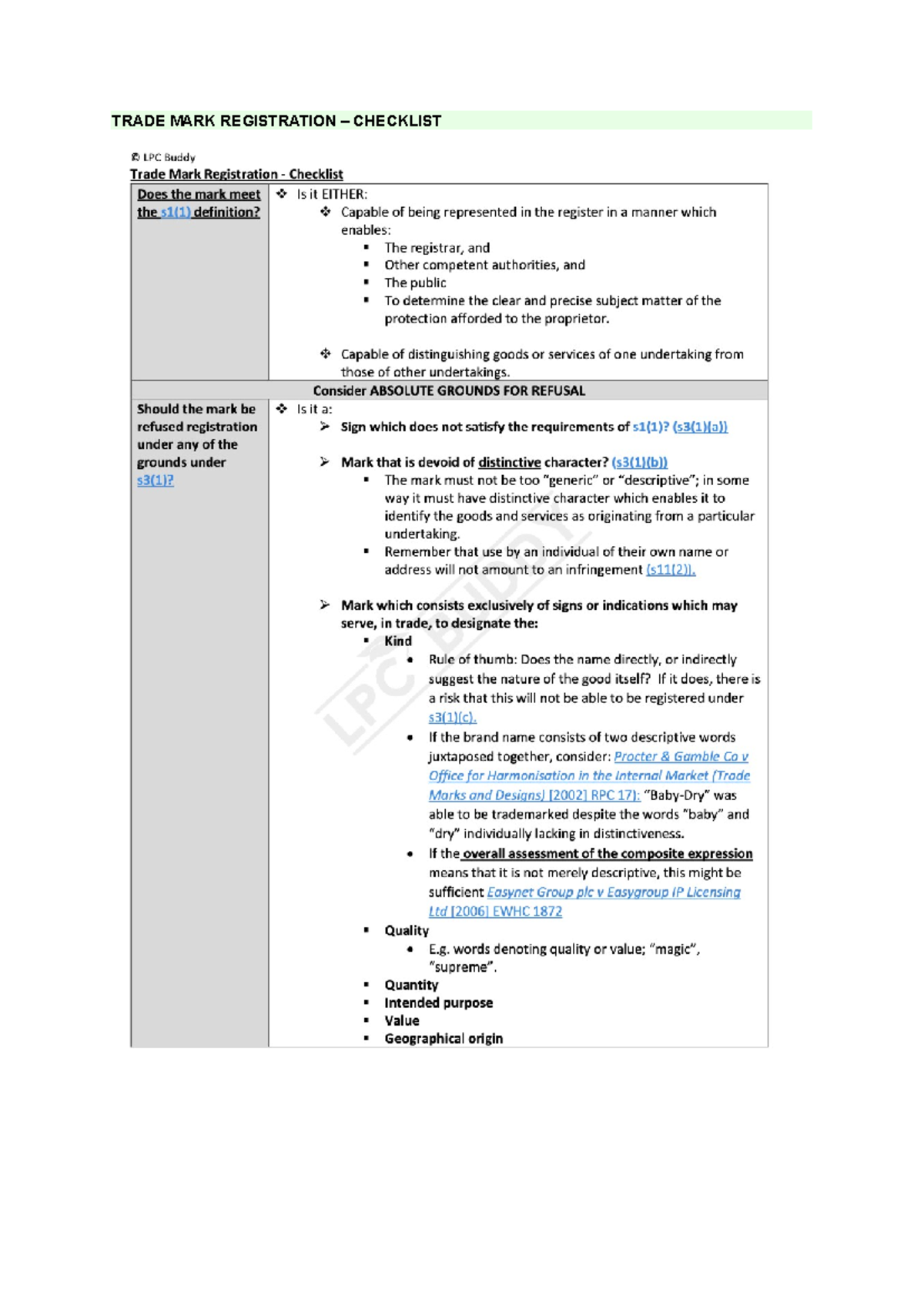 Trade MARK Registration - Checklist - TRADE MARK REGISTRATION CHECKLIST ...
