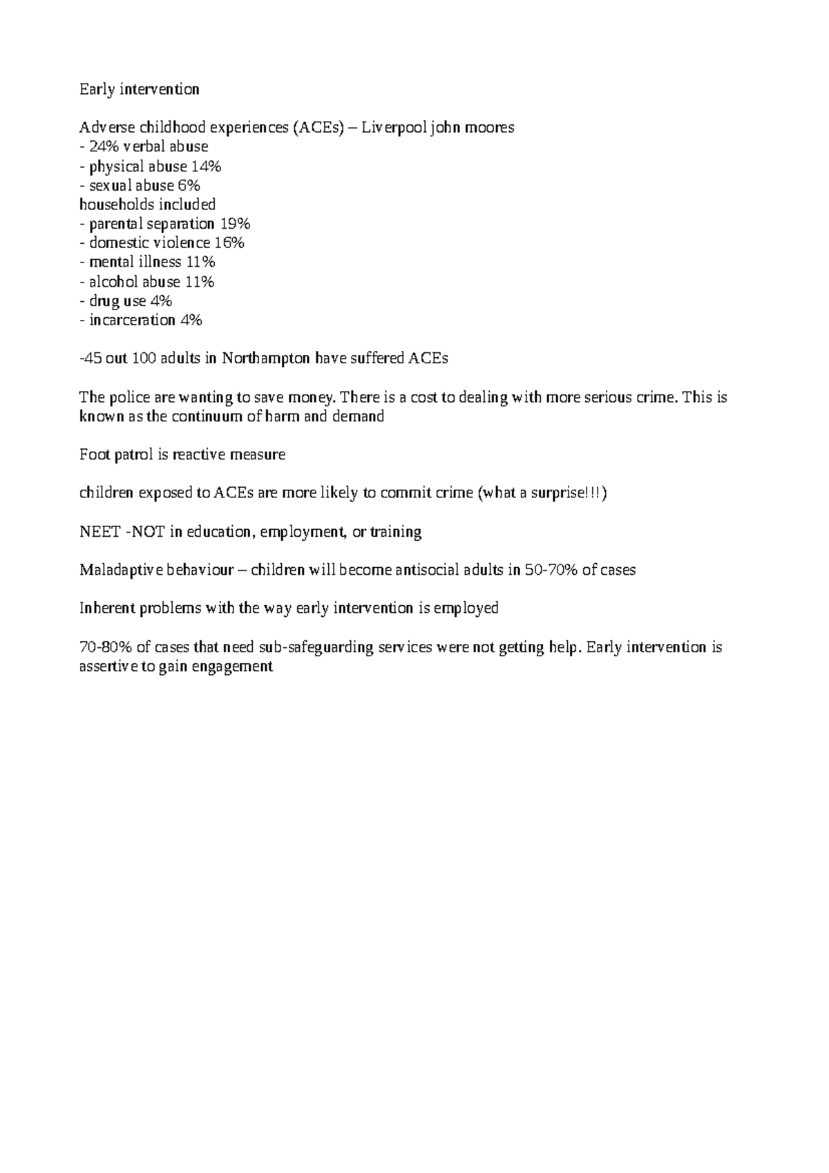 Early intervention notes - Early intervention Adverse childhood ...