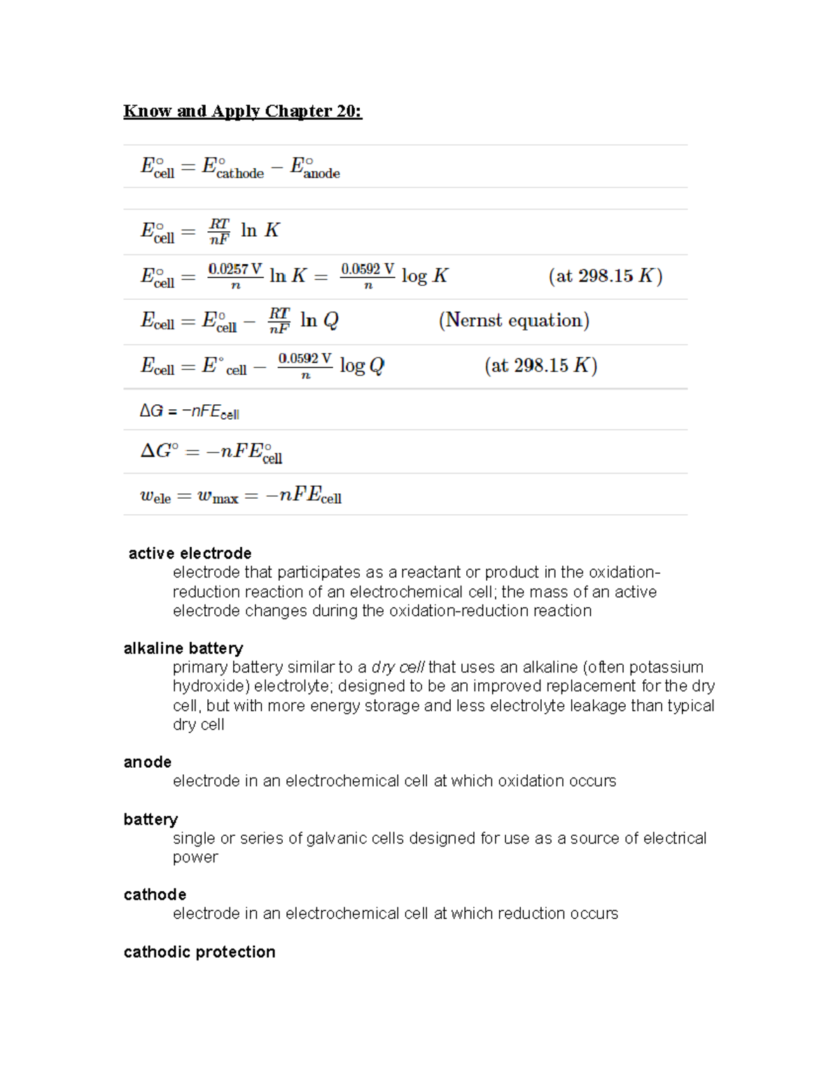 Ch 20 know and apply - Summary General Chemistry II - Know and Apply ...