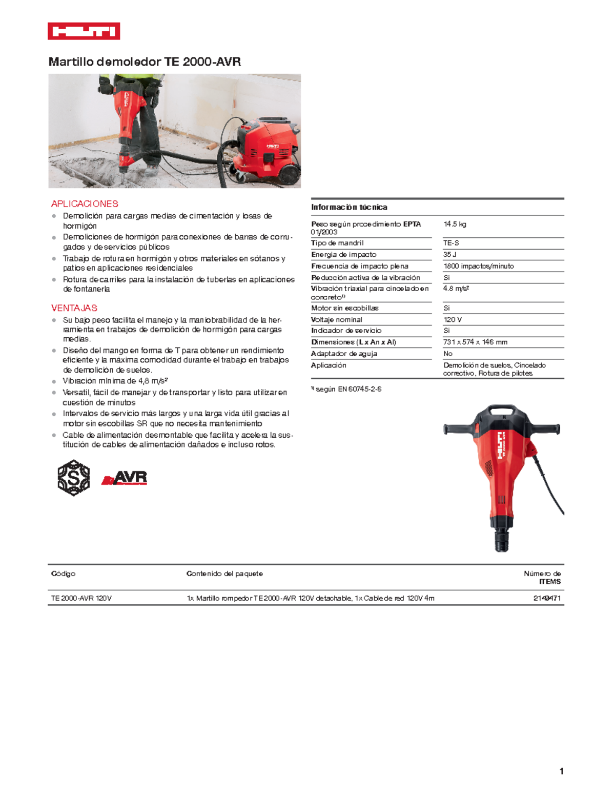 FT- Martillo Demoledor Hilti TE 2000-AVR - 1 { Código Contenido del paquete Número de ITEMS TE ...