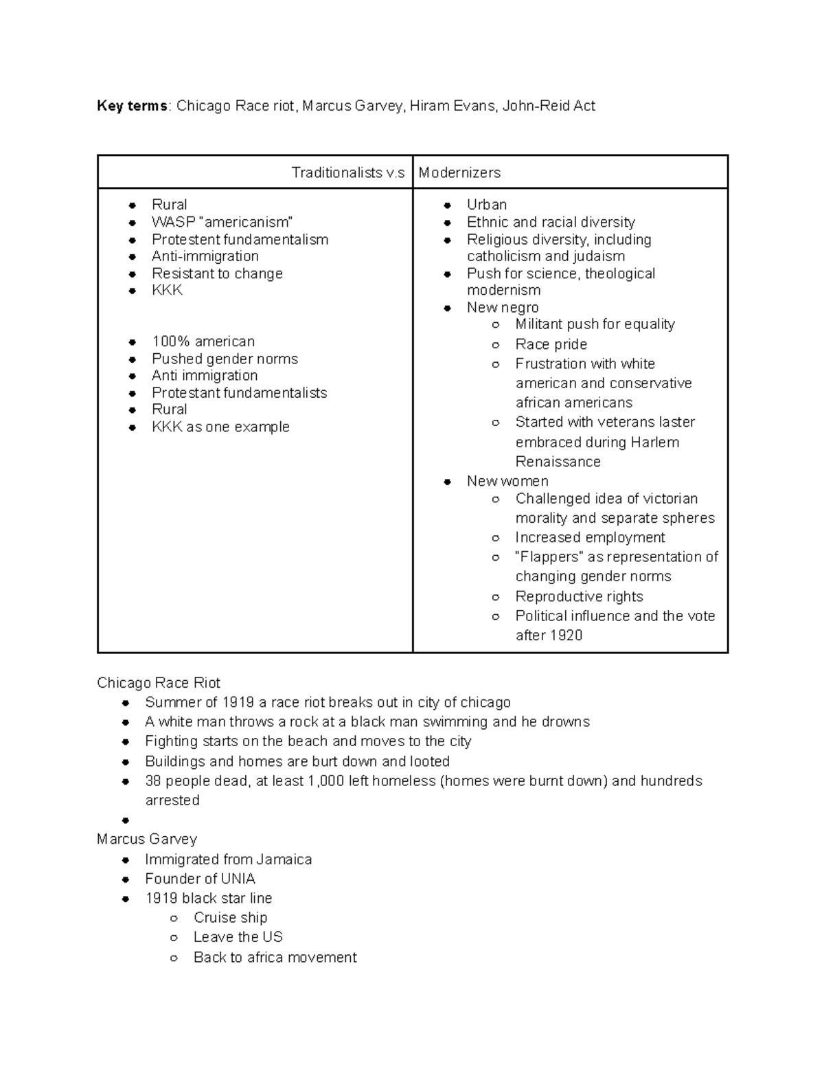 1920s culture and conflict - History 151 - Key terms: Chicago Race riot ...